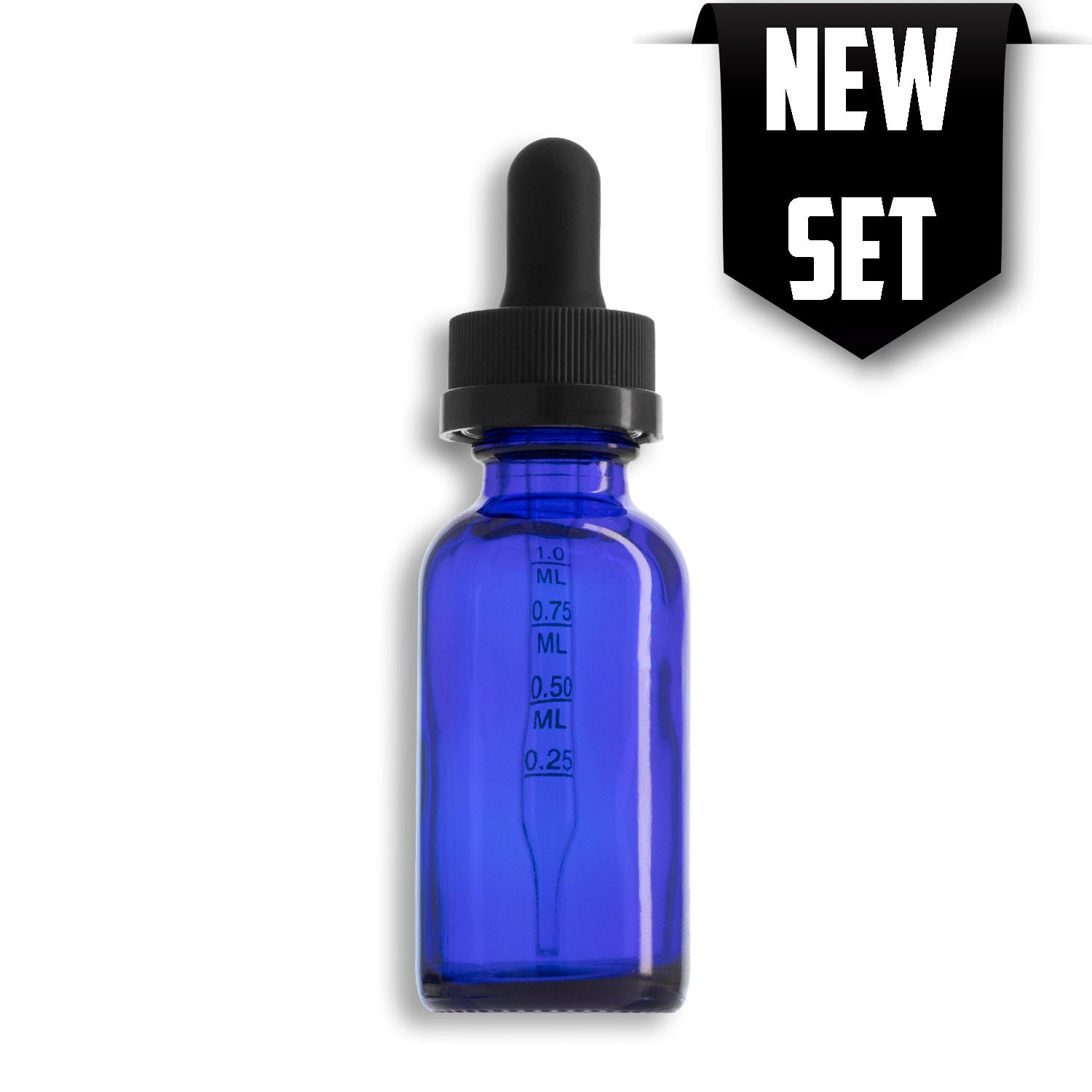 1oz/30mL Blue Boston Round Glass Bottle + Graduated Child Resistant Dr